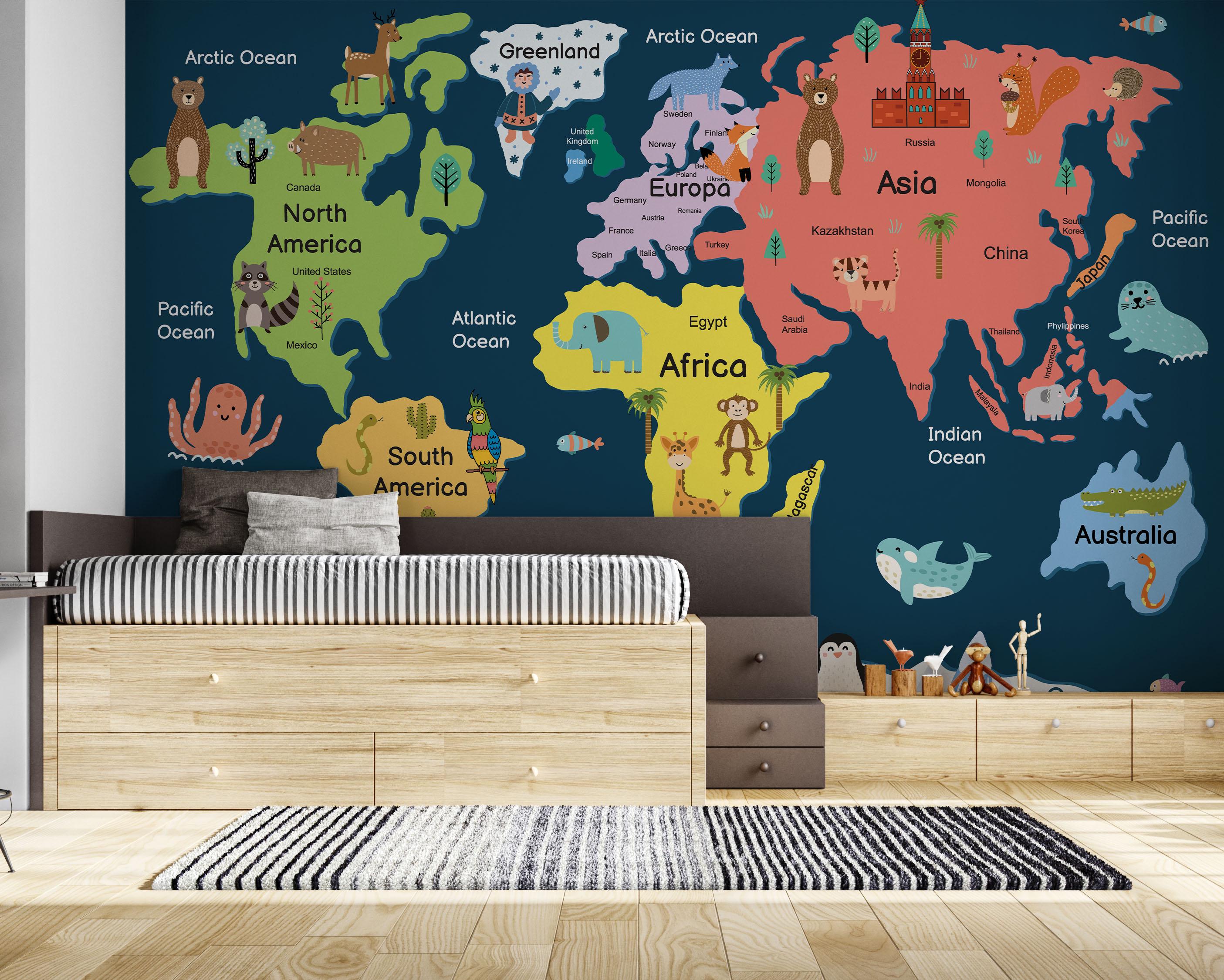 World Map Wallpaper for Kids Room Educational Map Mural for Nursery ...