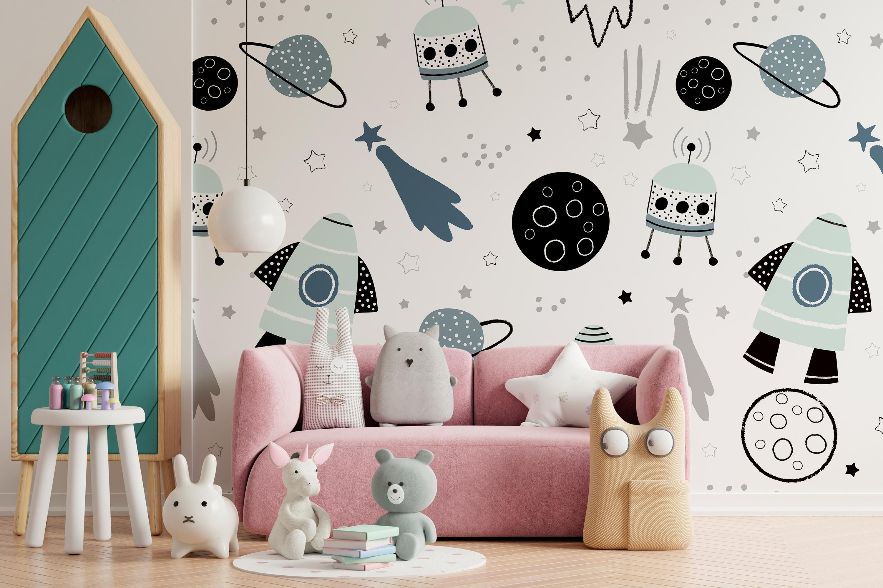 Space Wallpaper for Kids Room Rocket Ship Peel and Stick Wallpaper ...