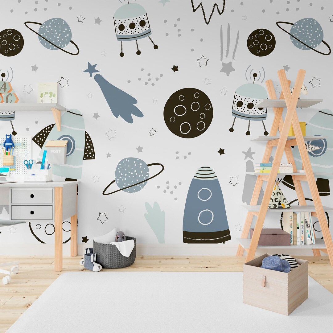 Space Wallpaper for Kids Room Rocket Ship Peel and Stick Wallpaper ...
