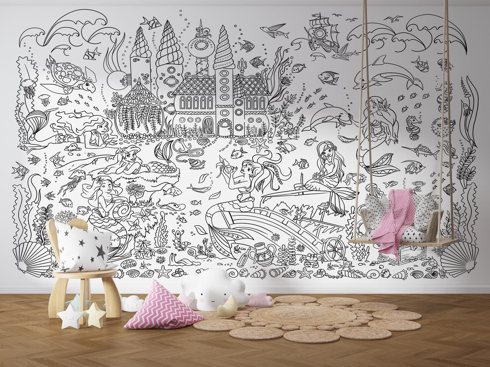 Mermaid Coloring Wallpaper Mural: Interactive Kids Room Decor - Etsy