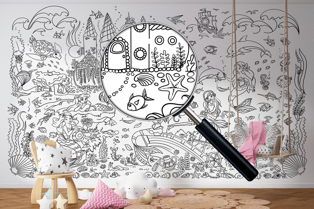Mermaid Coloring Wallpaper for Kids Room Interactive Wallpaper for Kids ...