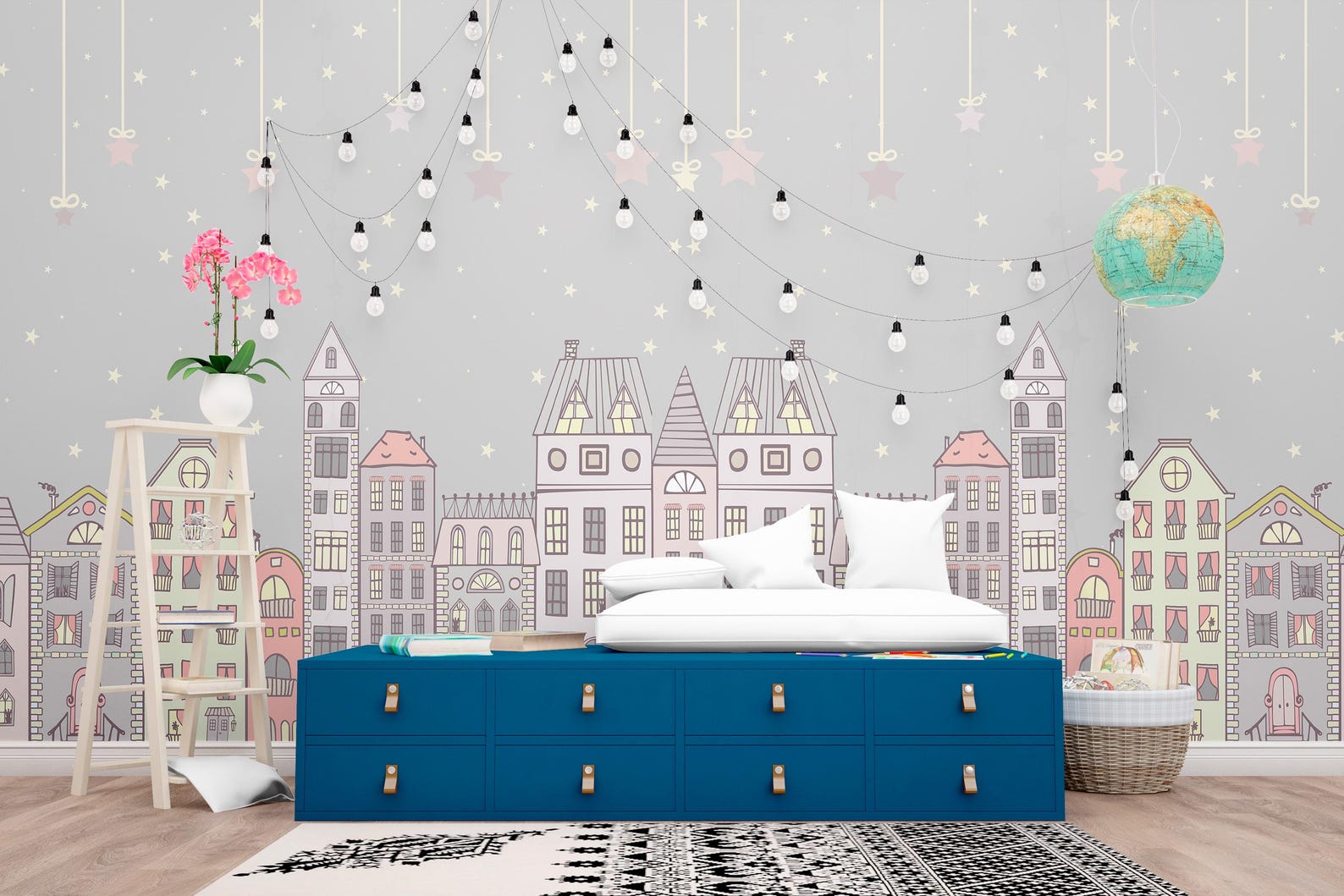 Nursery Town Wall Mural Peel and Stick Modern Pastel City Wallpaper ...