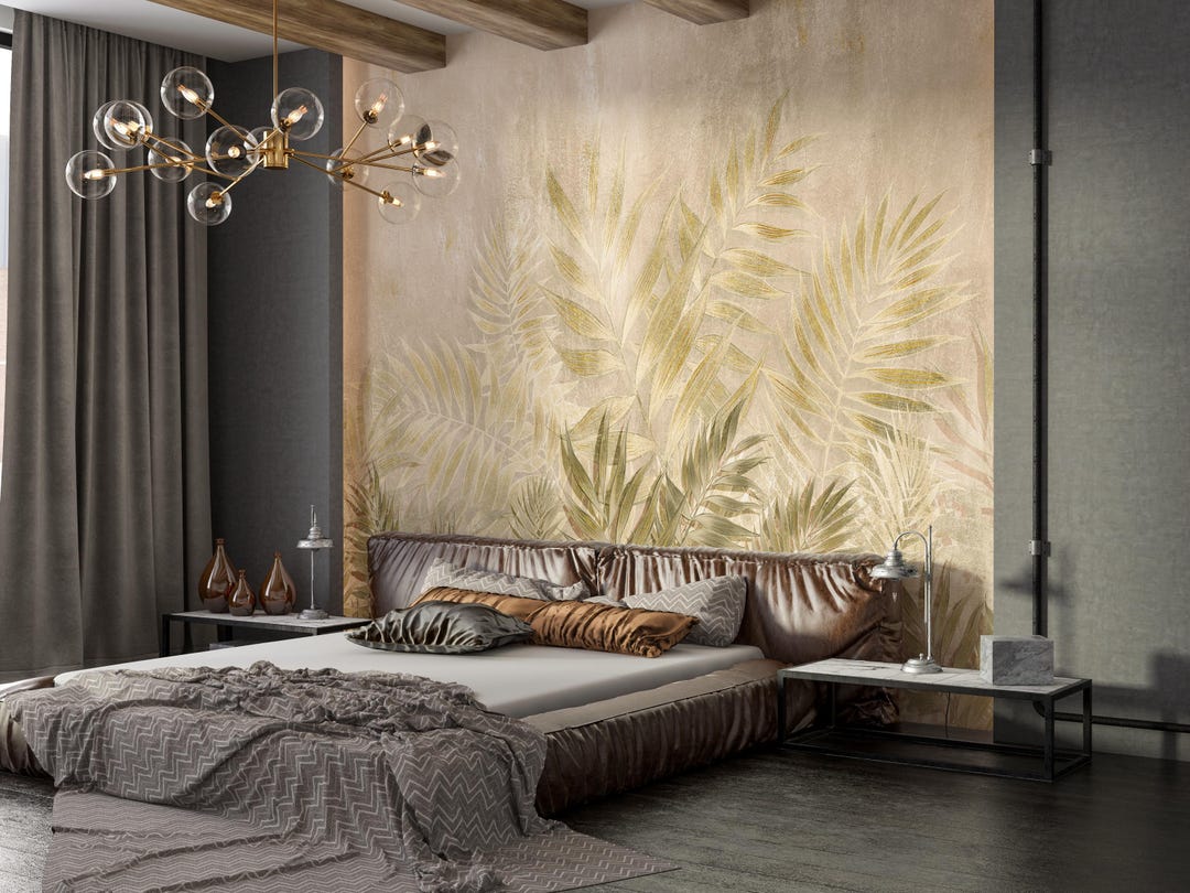 Luxury Botanical Wall Mural for Living Room Eel and Stick Gold Leaf ...