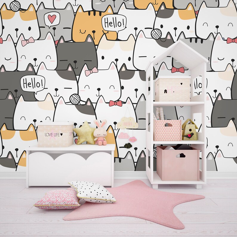 Cute Cat Wallpaper for Kids' Room Playful Animal Wallpaper for Bedrooms ...