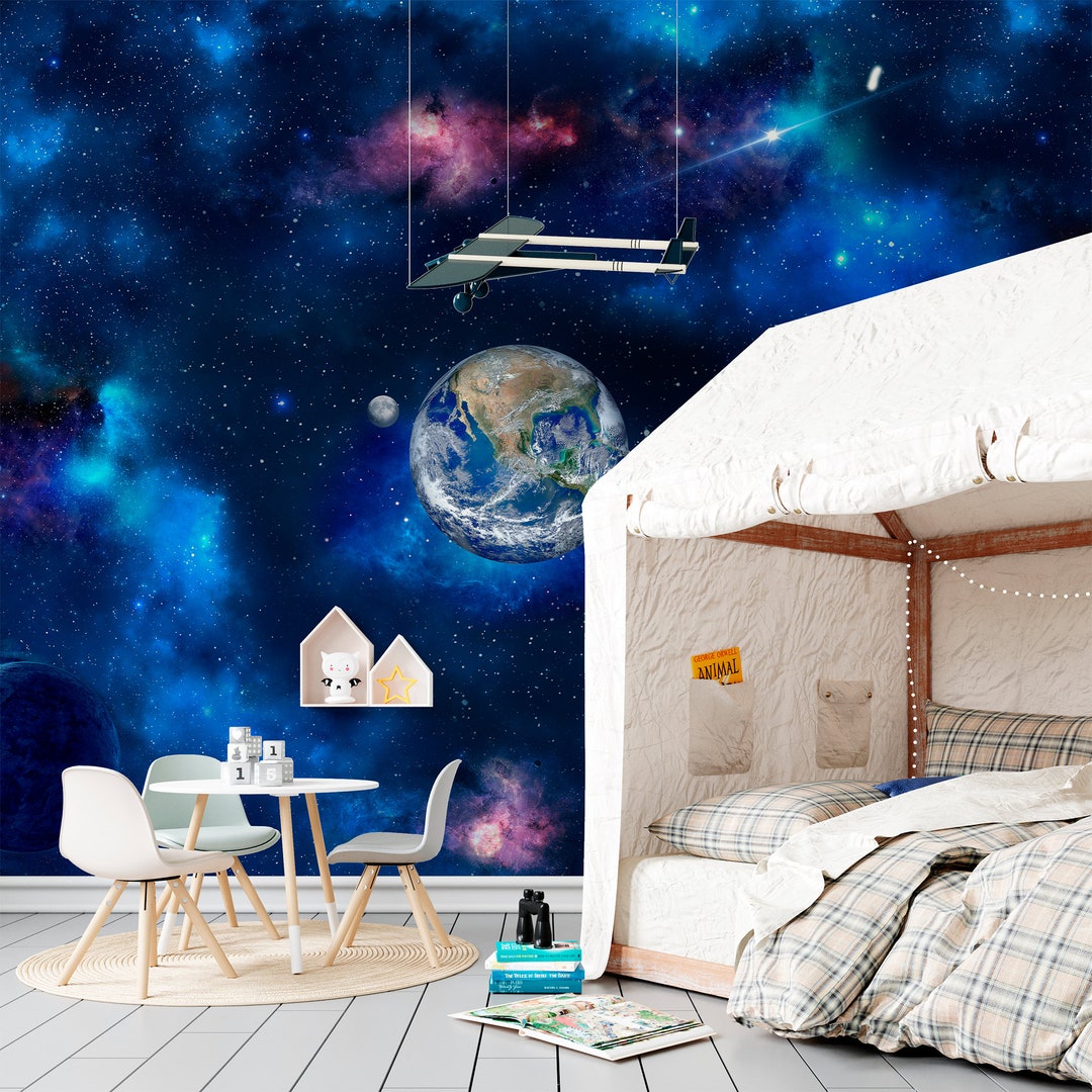 Planet and Star Wallpaper Mural Space Wall Mural for Living Room Peel ...