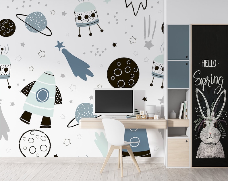 Space Wallpaper for Kids Room Rocket Ship Peel and Stick Wallpaper ...