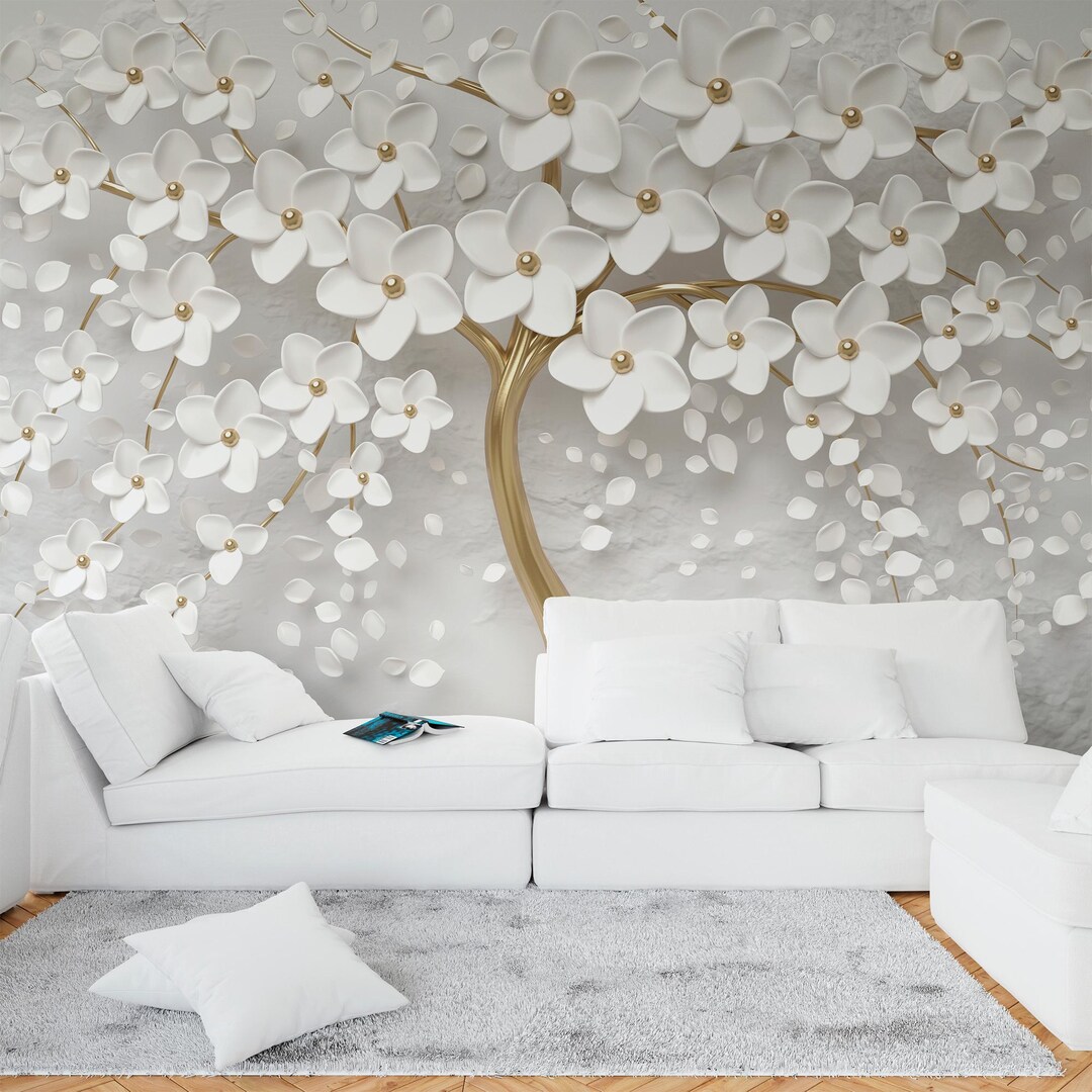3D White Flower Tree Wallpaper Floral Wall Mural Peel and Stick Murals ...