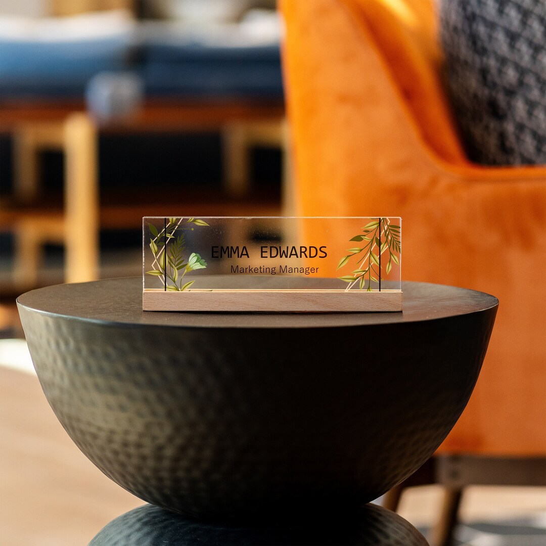 Acrylic Desk Name Plate With Flowers, Custom Office Name Plate, Gift ...