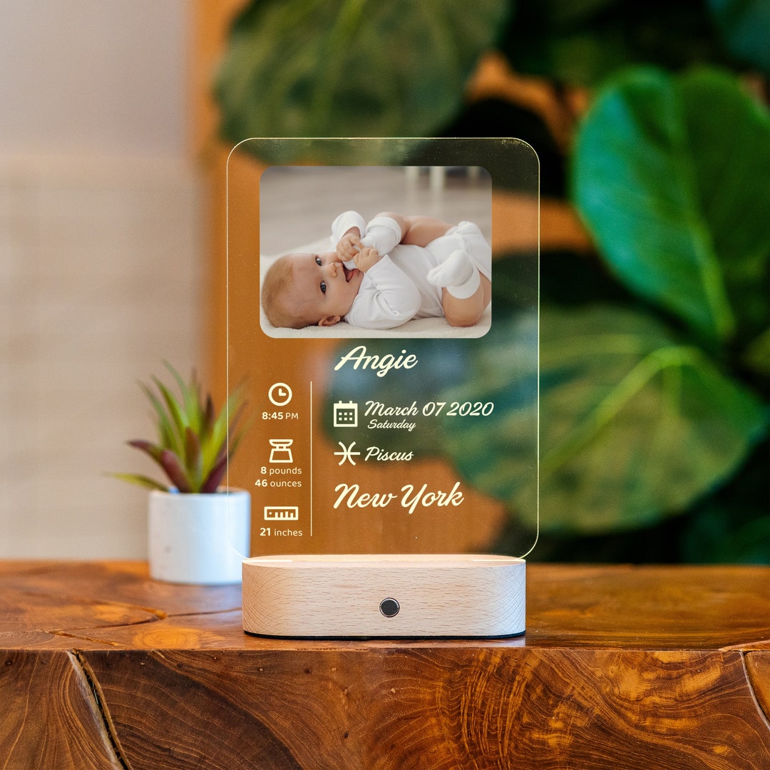 Baby Birth Stats Acrylic Plaque With Photo, LED Light Plaque, Birth ...