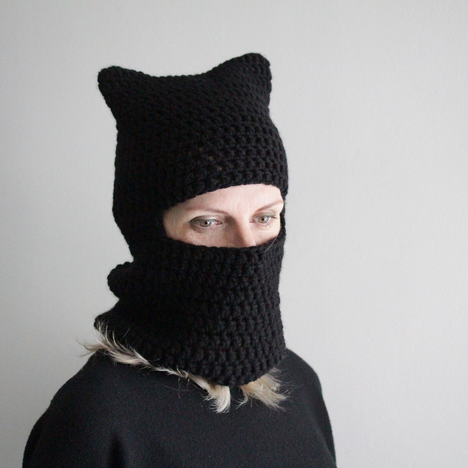 Balaclava With Ears, Balaclava Knit Hat, Black Balaclava, Cat Ears ...