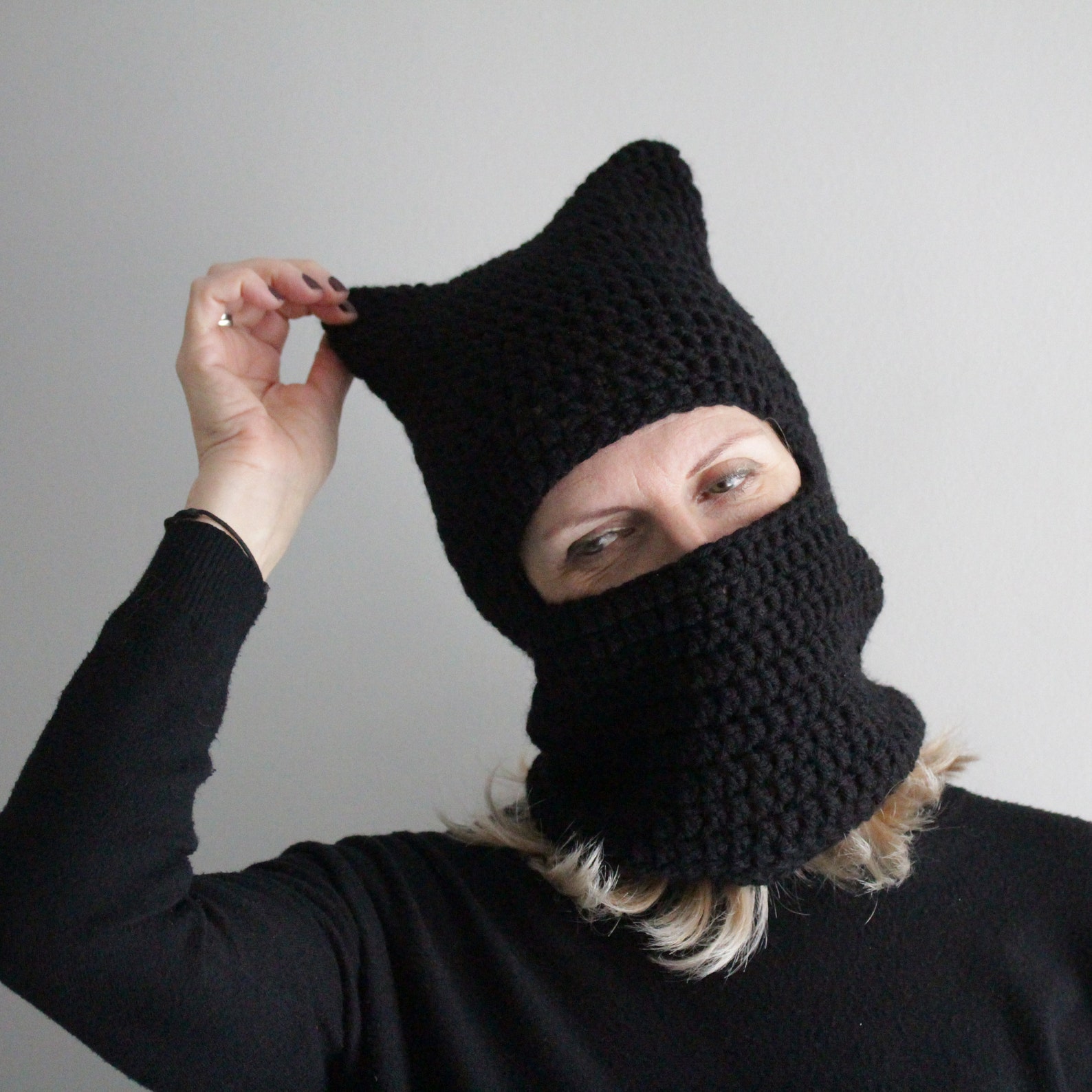 Balaclava With Ears, Balaclava Knit Hat, Black Balaclava, Cat Ears ...