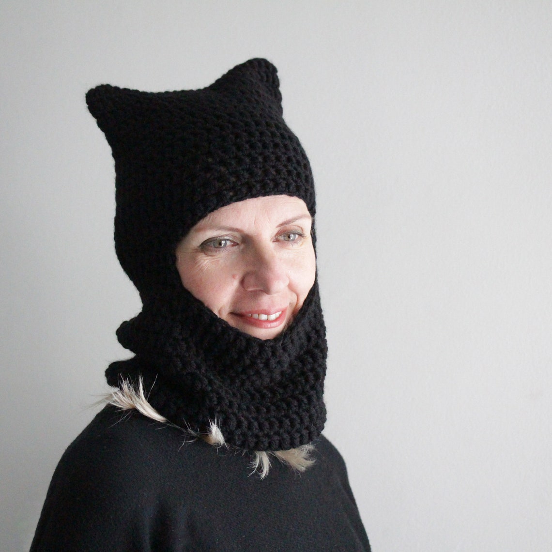 Balaclava With Ears, Balaclava Knit Hat, Black Balaclava, Cat Ears ...