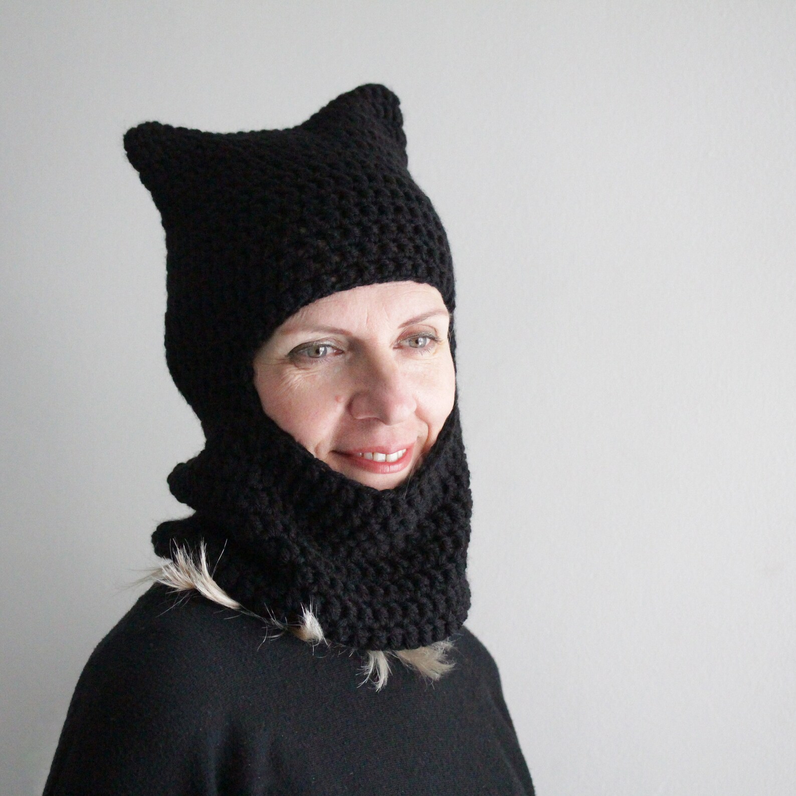 Balaclava With Ears, Balaclava Knit Hat, Black Balaclava, Cat Ears ...