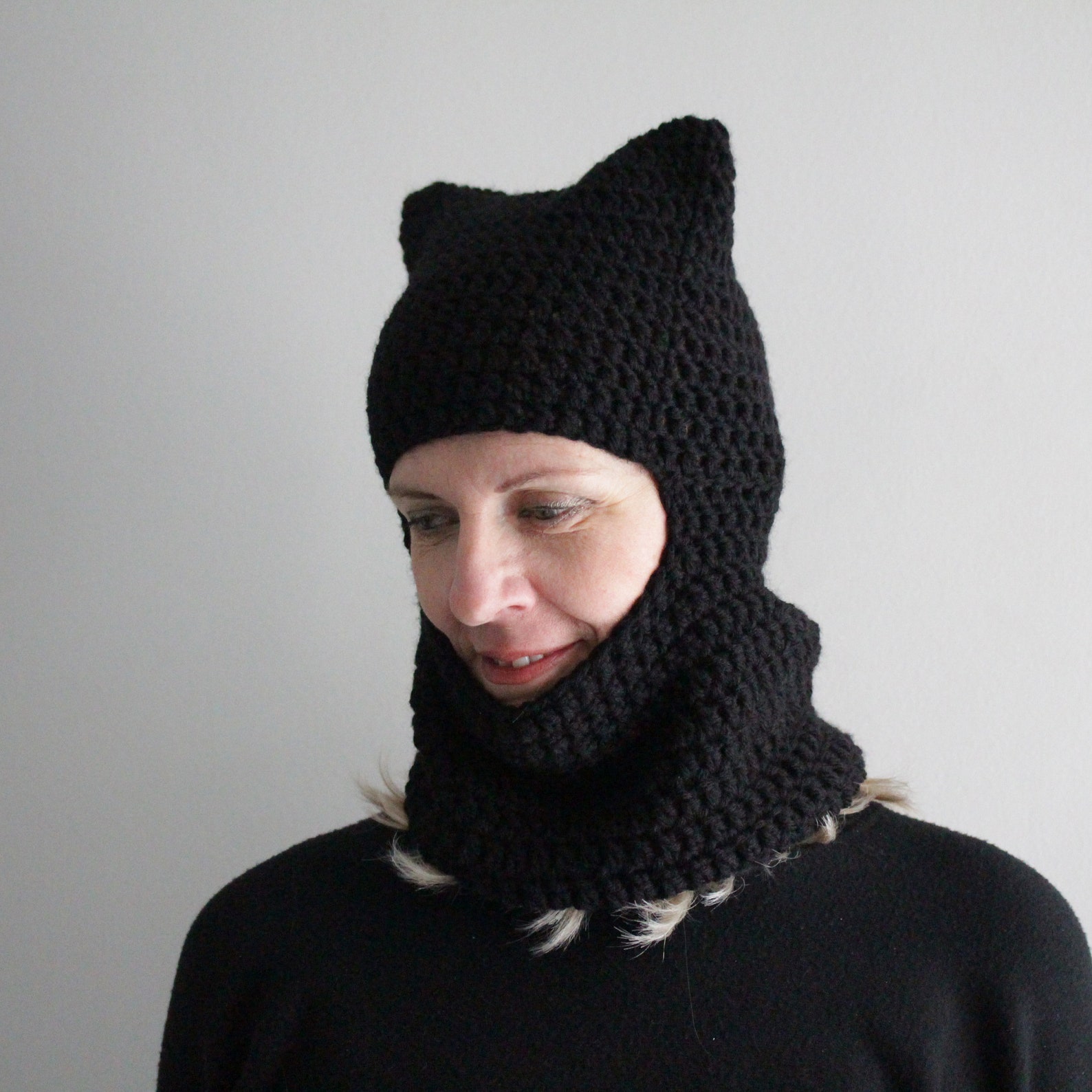 Balaclava With Ears, Balaclava Knit Hat, Black Balaclava, Cat Ears ...