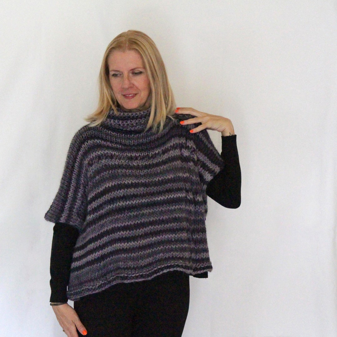 Sweater Poncho, Gray Poncho, Boho Poncho, Gray Striped Sweater, Self ...