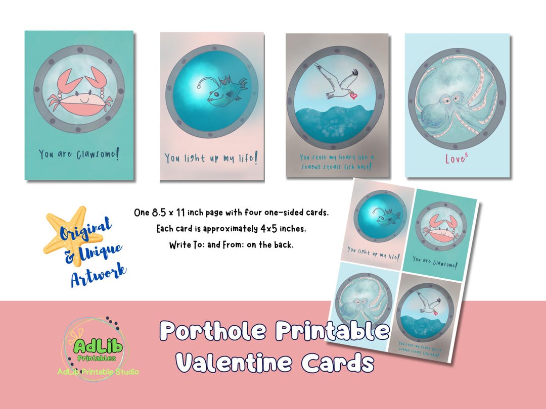 Printable Valentine's Day Cards With Sea Theme Porthole Valentine - Etsy