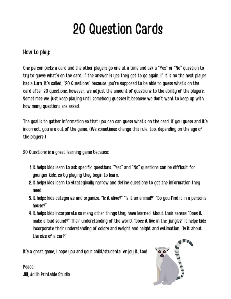 Printable 20 Questions Game Cards - Etsy