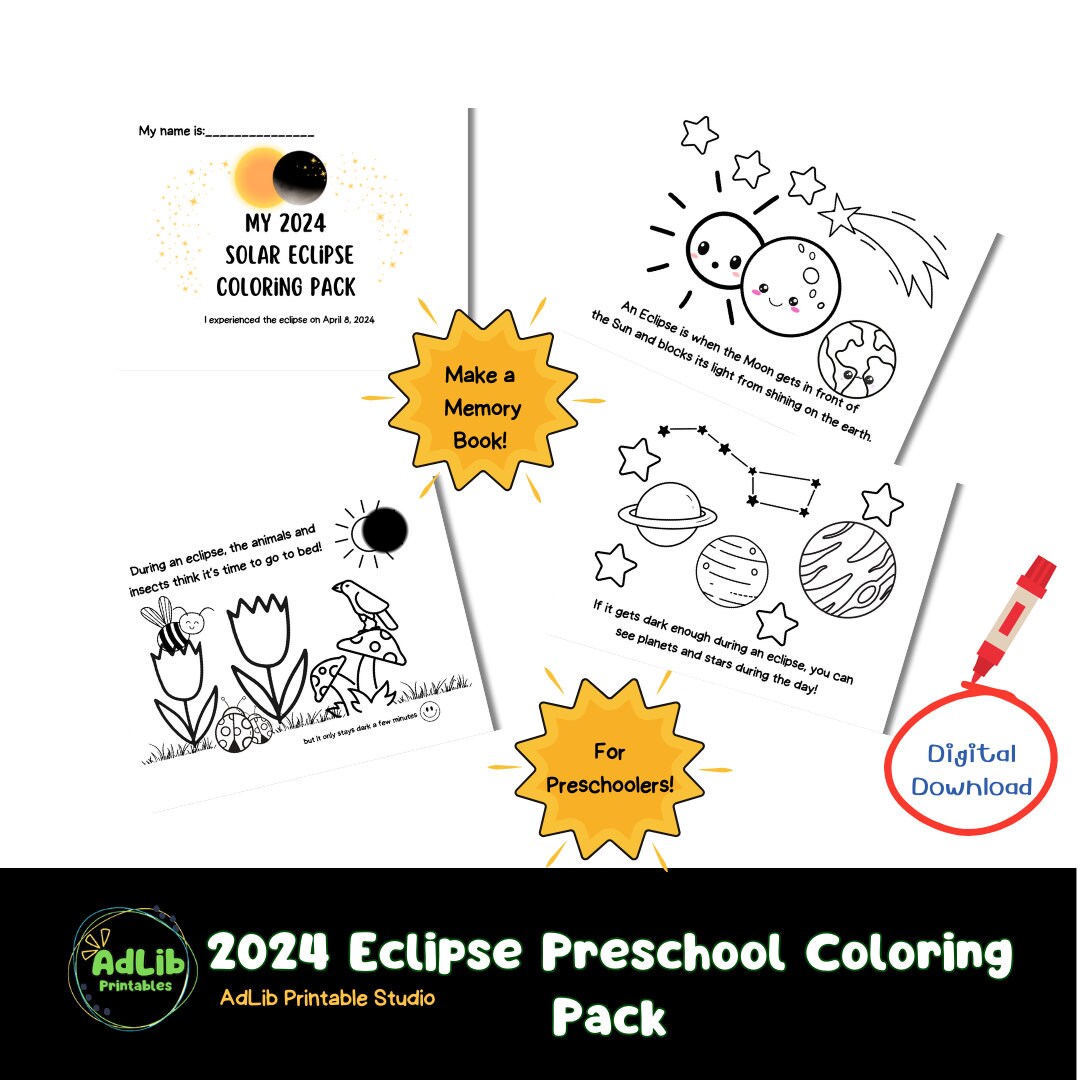 2024 Solar Eclipse Preschool Coloring Pack - Etsy