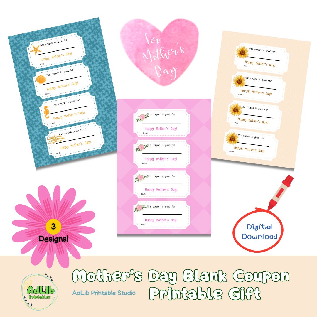 Mother's Day Printable Coupons to Fill-in for Mom or Grandmom - Etsy