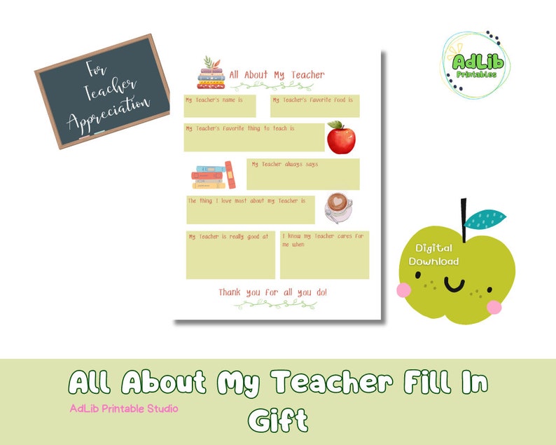 All About My Teacher Fill-in Gift for Teachers - Etsy