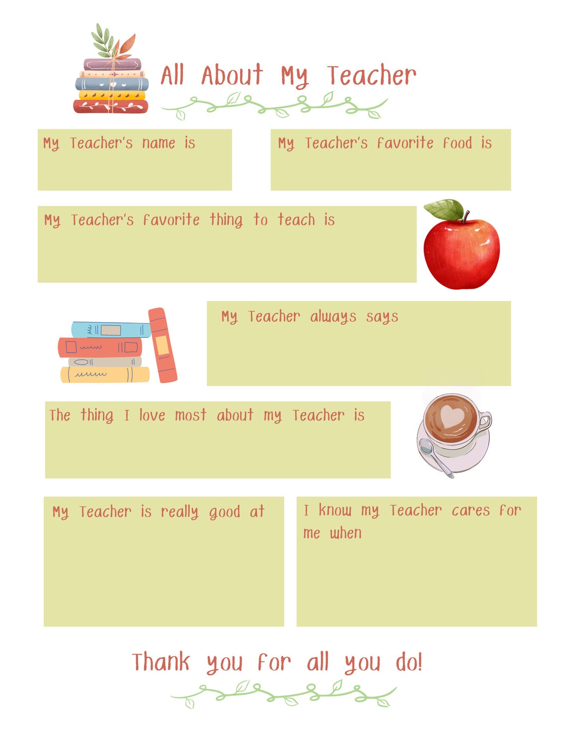 All About My Teacher Fill-in Gift for Teachers - Etsy