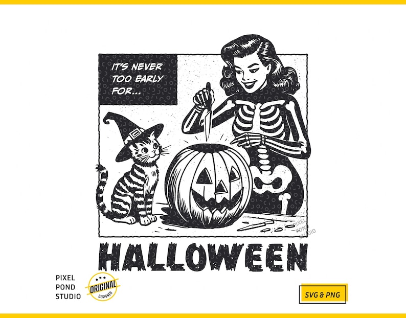 Witch Cat & Skeleton Girl Halloween Design: SVG, PNG (digital Download ...
