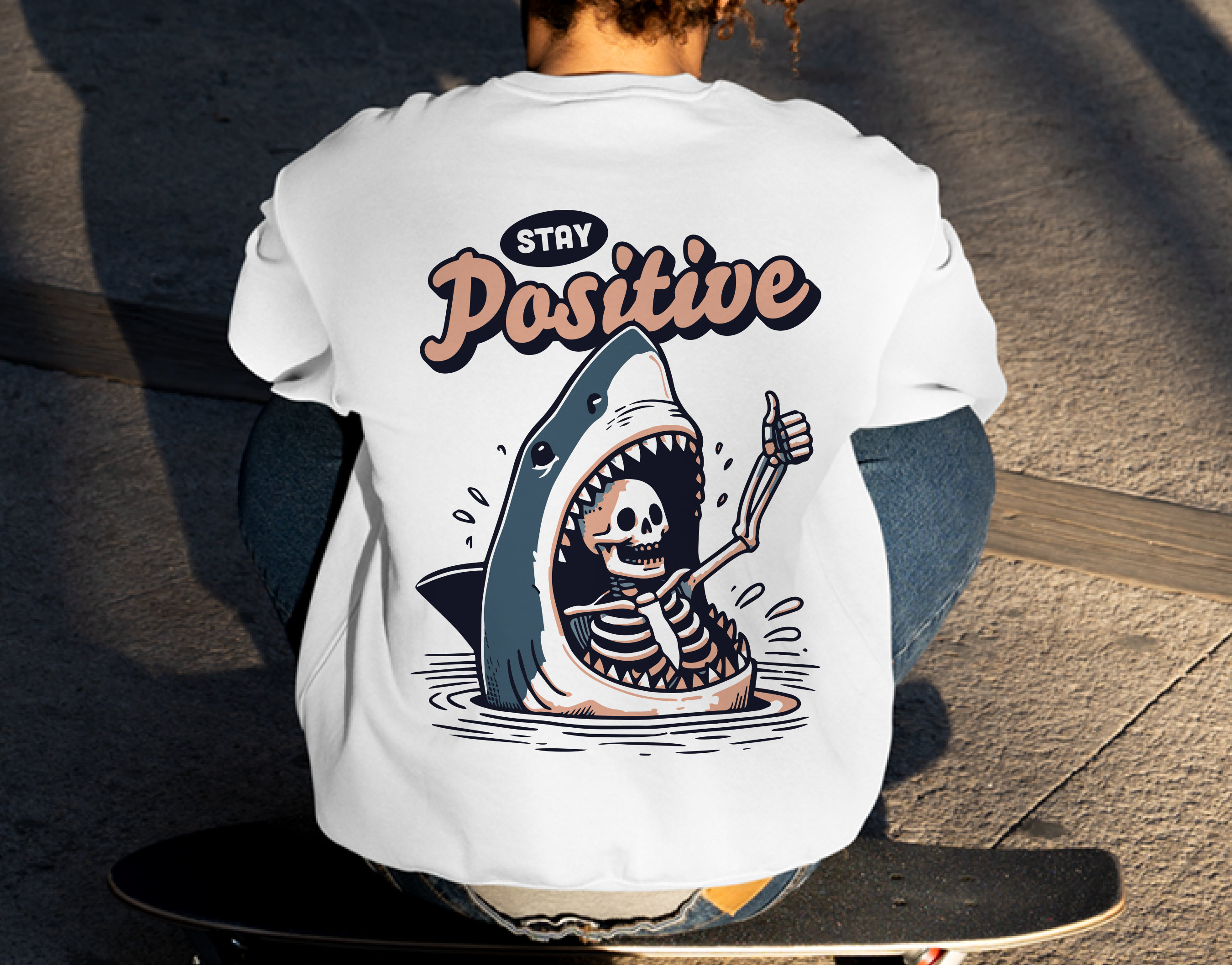Funny Shark & Skeleton, Stay Positive, Vintage Retro Digital Design SVG ...