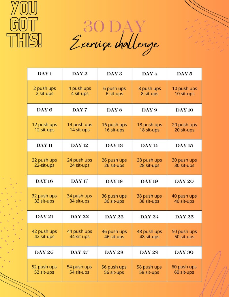 30 Day Exercise Challenge, Printable, Instant Download, Daily Exercise ...