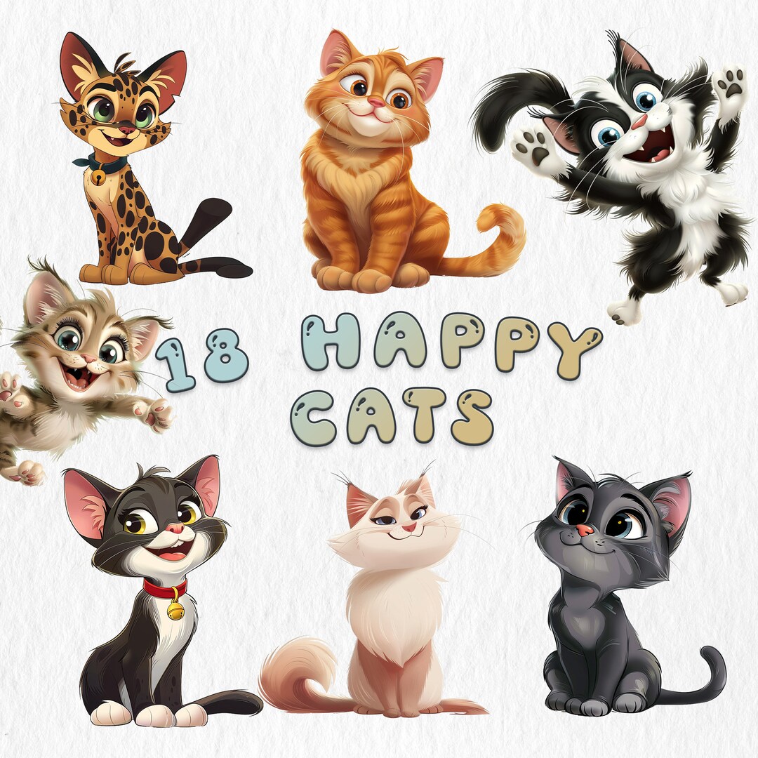 18 Happy Cats Clipart Bundle, Cute Cat PNG, Cartoon Cat Clip Art, Cute ...