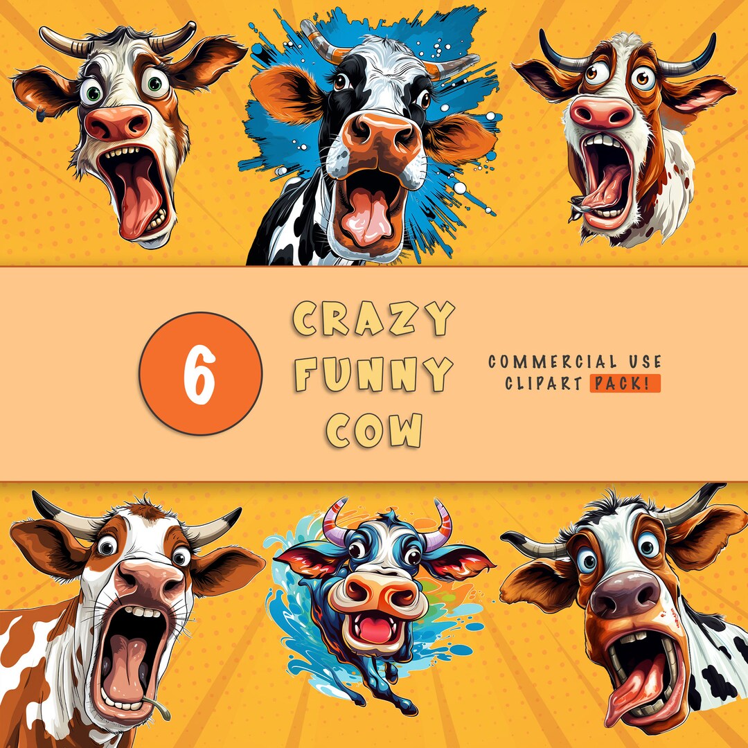 6 Crazy Cows Clipart PNG, Funny Cow Face, Funny Farm Animals, Cute ...