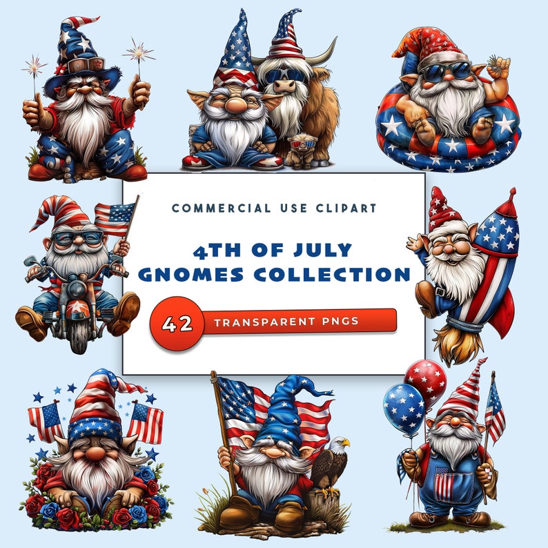 42 Watercolor 4th of July Gnomes Clipart, Patriotic Gnome Clipart, 4th ...