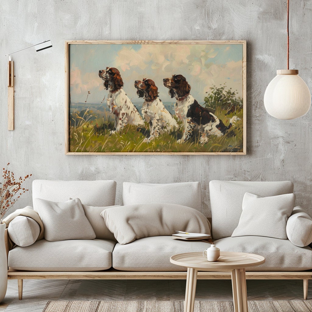 Three English Springer Spaniels, Vintage Dog Painting, Rustic Cottage ...