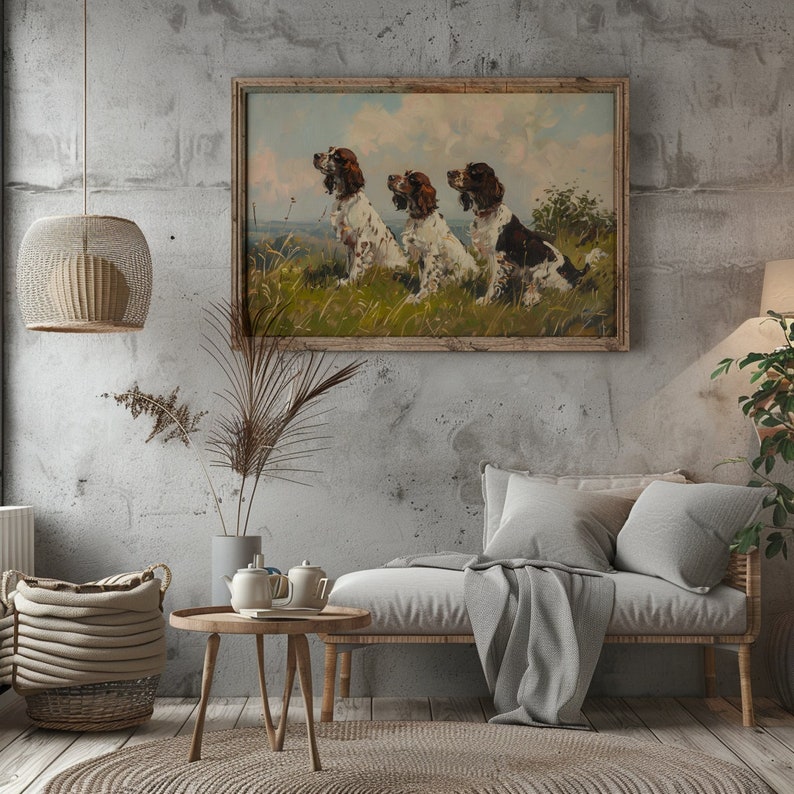 Three English Springer Spaniels, Vintage Dog Painting, Rustic Cottage ...