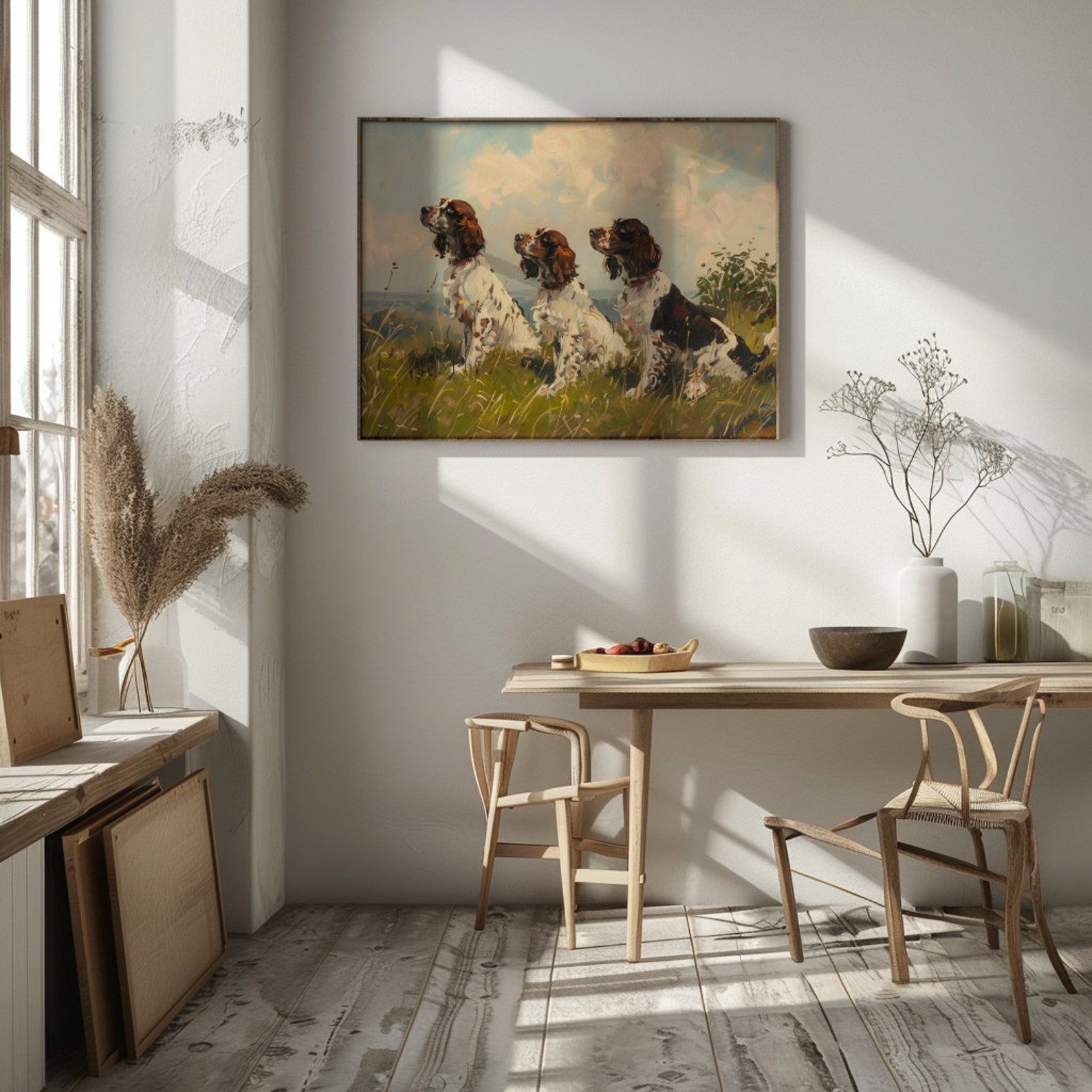 Three English Springer Spaniels, Vintage Dog Painting, Rustic Cottage ...