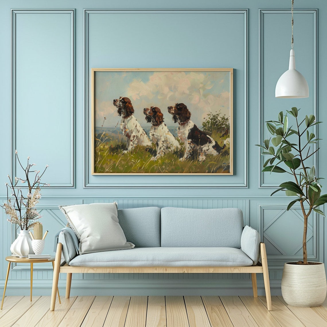 Three English Springer Spaniels, Vintage Dog Painting, Rustic Cottage ...