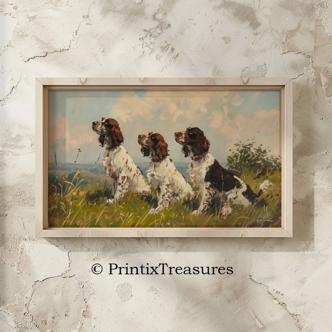 Three English Springer Spaniels, Vintage Dog Painting, Rustic Cottage ...