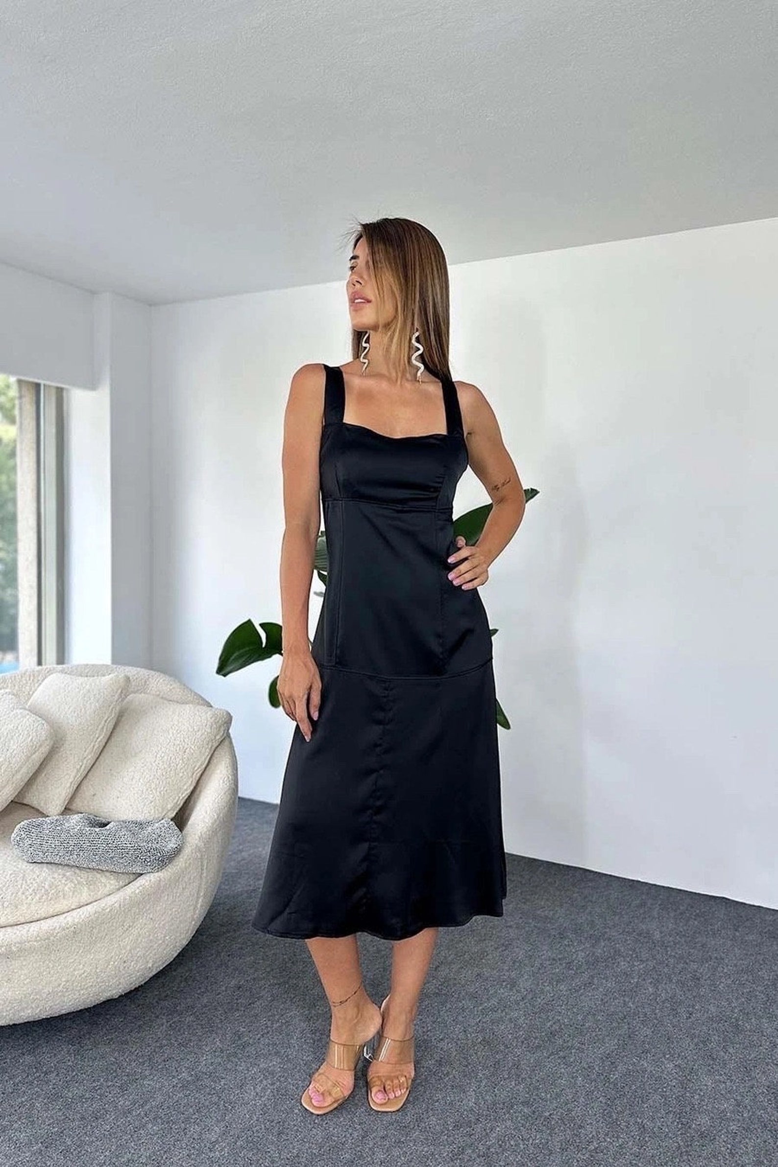 Black Satin Dress With Metal Buckle Detail,maxi Dress,spring Summer ...