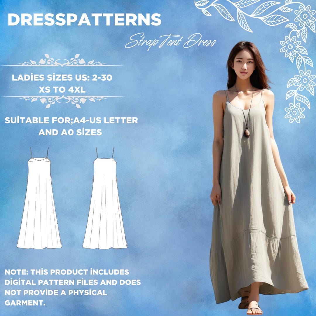 Straps Maxi Tent Dress Sewing Pattern Sundress Pattern Milkmaid Dress ...