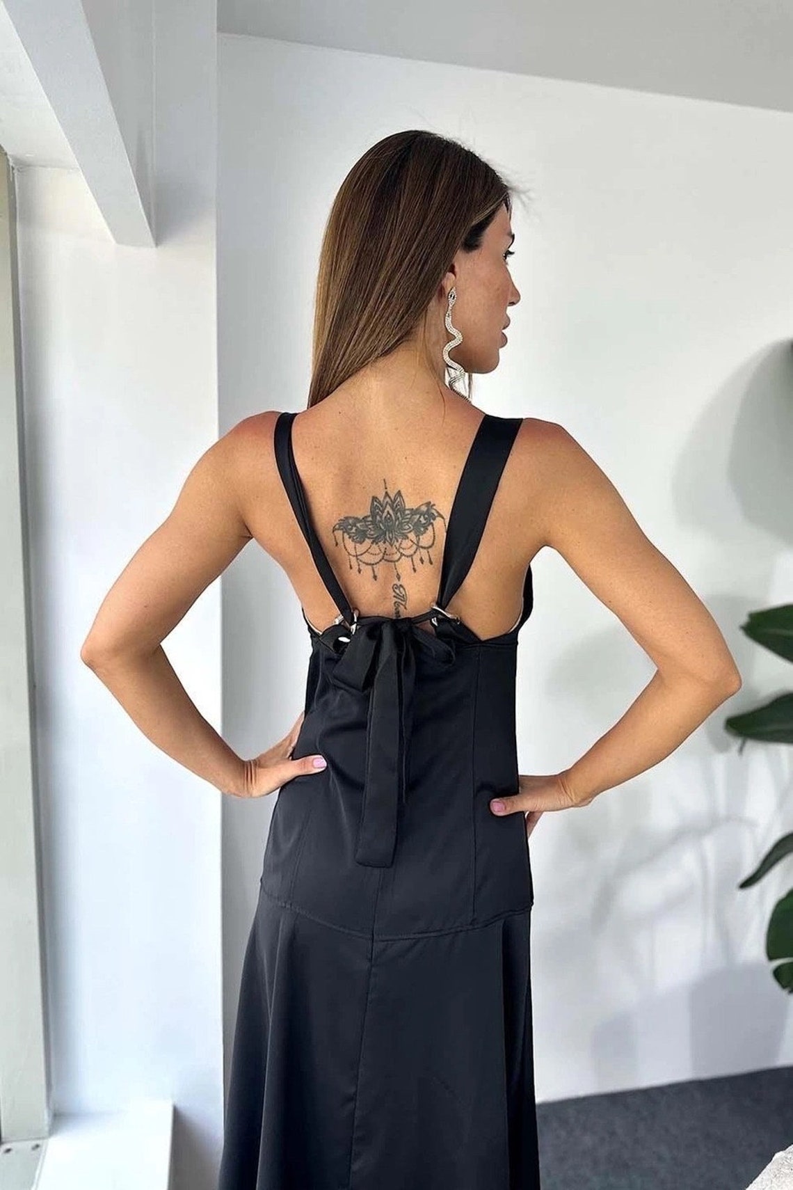 Black Satin Dress With Metal Buckle Detail,maxi Dress,spring Summer ...