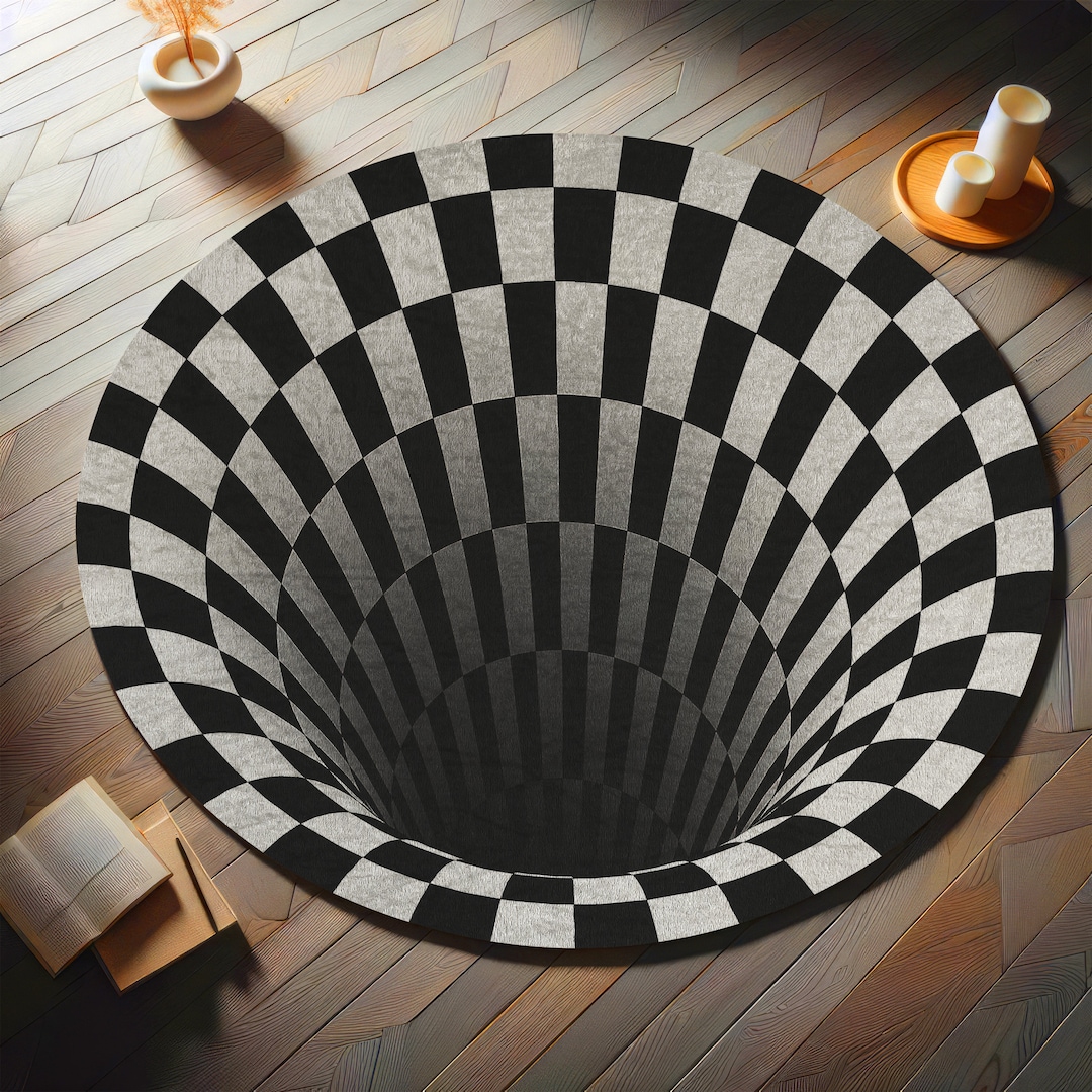 Optical İllusion Checkered Rug, Round Rug, Aged Black White Checker ...