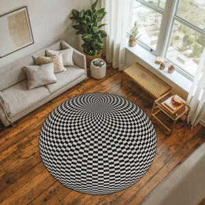Optical İllusion Checkered Rug, Round Rug, Aged Black White Checker ...