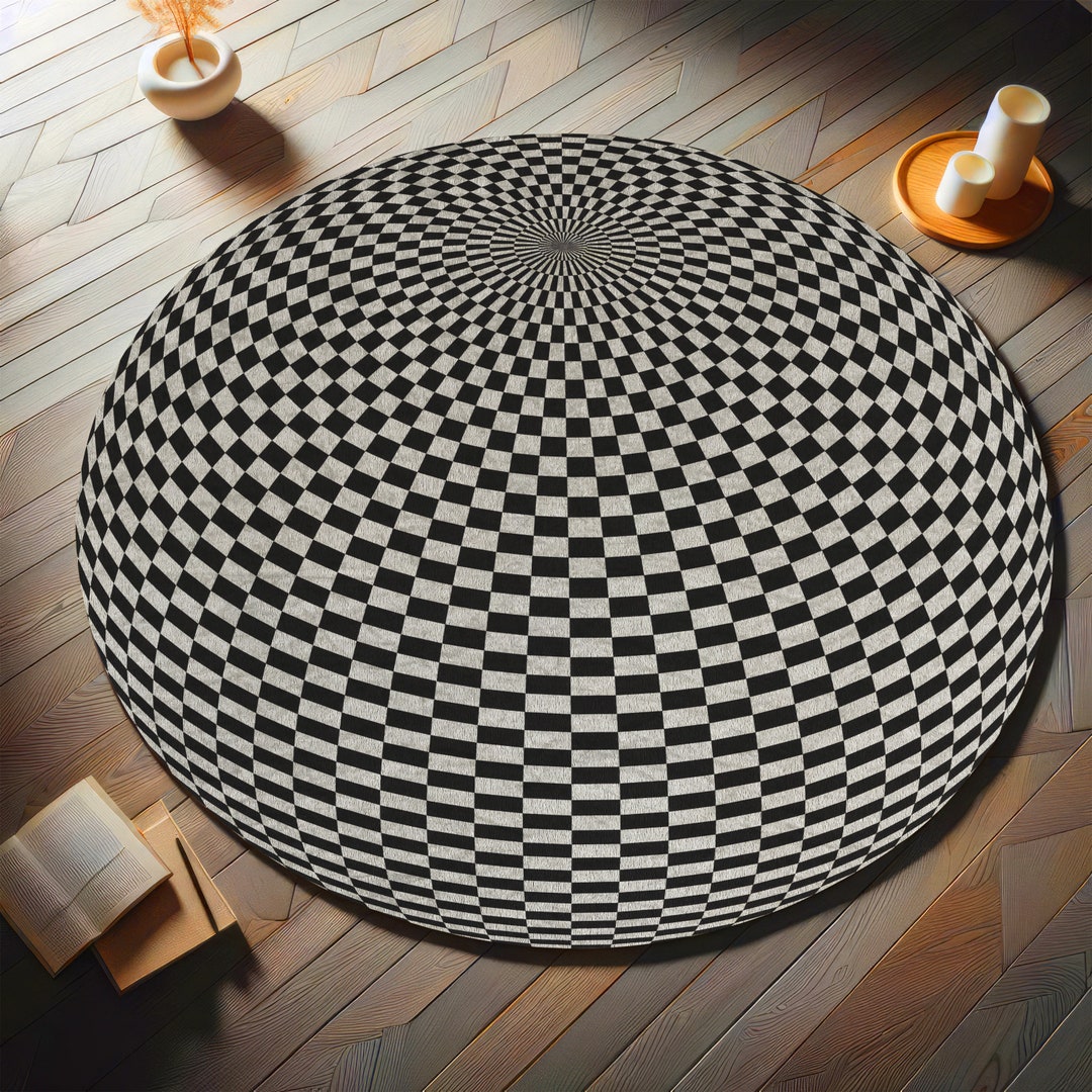 Optical İllusion Checkered Rug, Round Rug, Aged Black White Checker ...