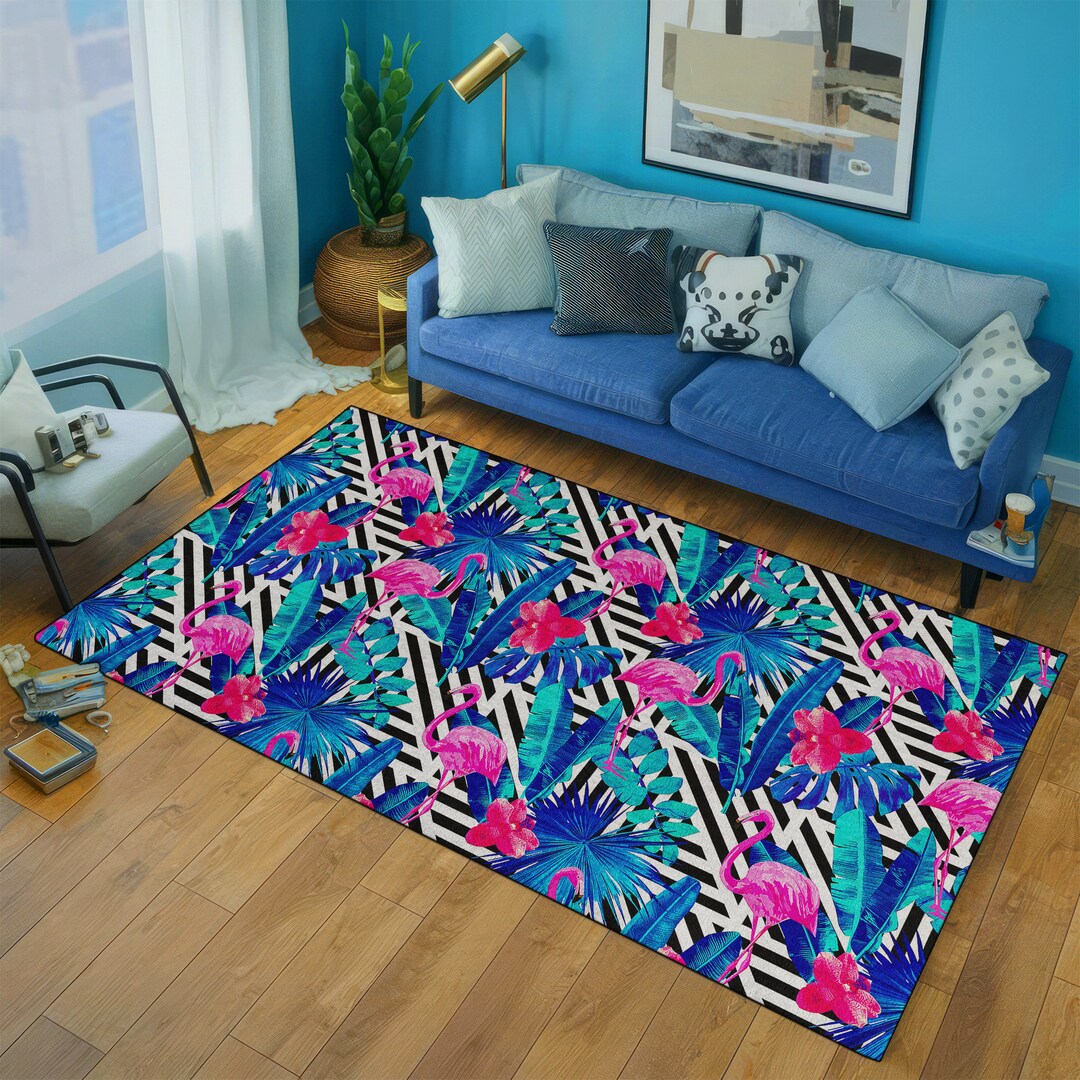 Pink Flamingo Rug, Flamingo Rugs, Girl Room Rug, Blue Leaf Rug, Animal ...