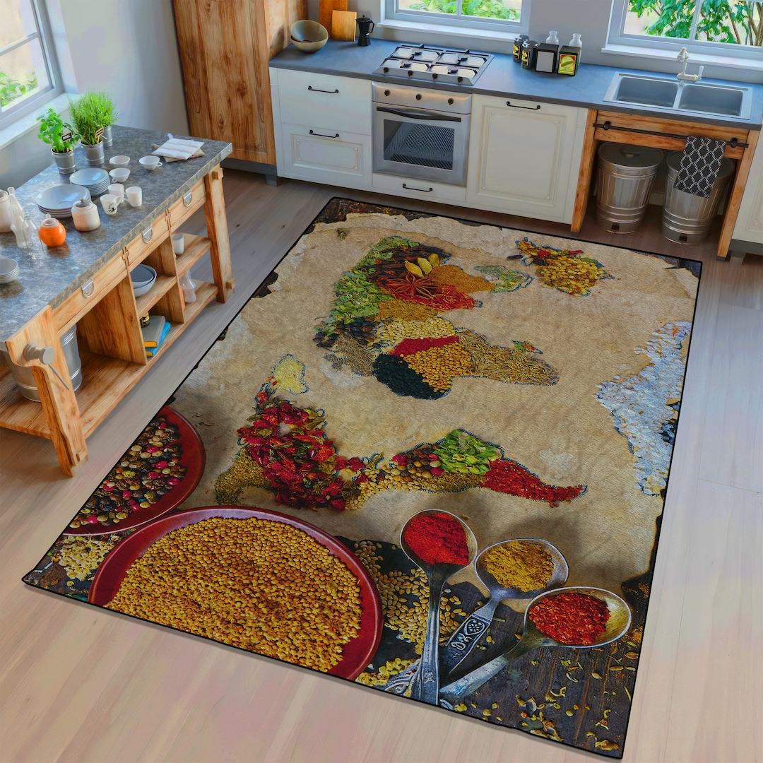 Spice Map Kitchen Rug: Vibrant Condiments on Spoons - Etsy