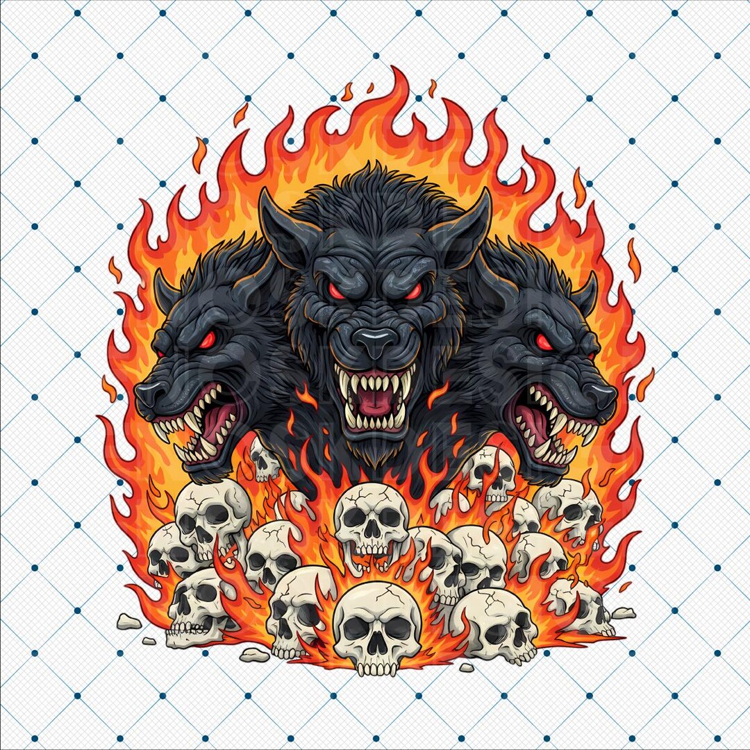 Three Headed Hellhound Cerberus PNG - Flaming Wolf Skull Streetwear ...