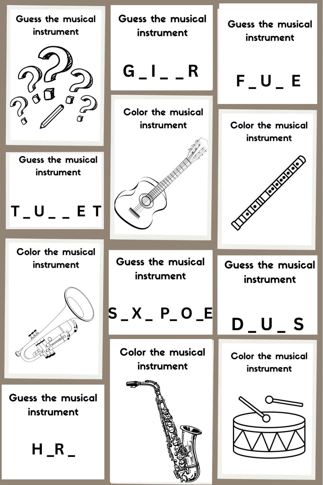 Musical Instruments Guess and Color Book (digital) - Etsy