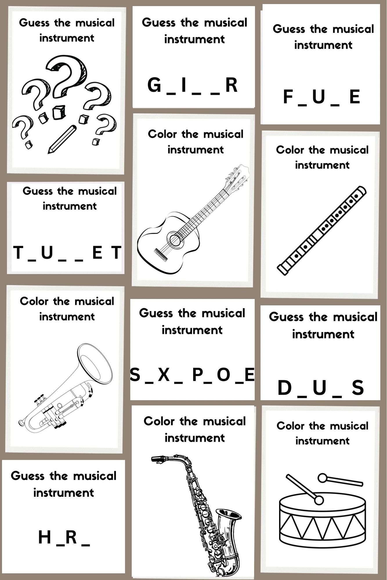 Musical Instruments Guess and Color Book (digital) - Etsy