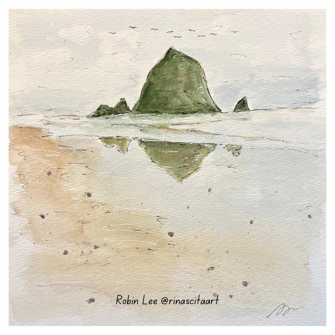 Haystack Rock Cannon Beach, Oregon - Original Watercolor and Ink ...