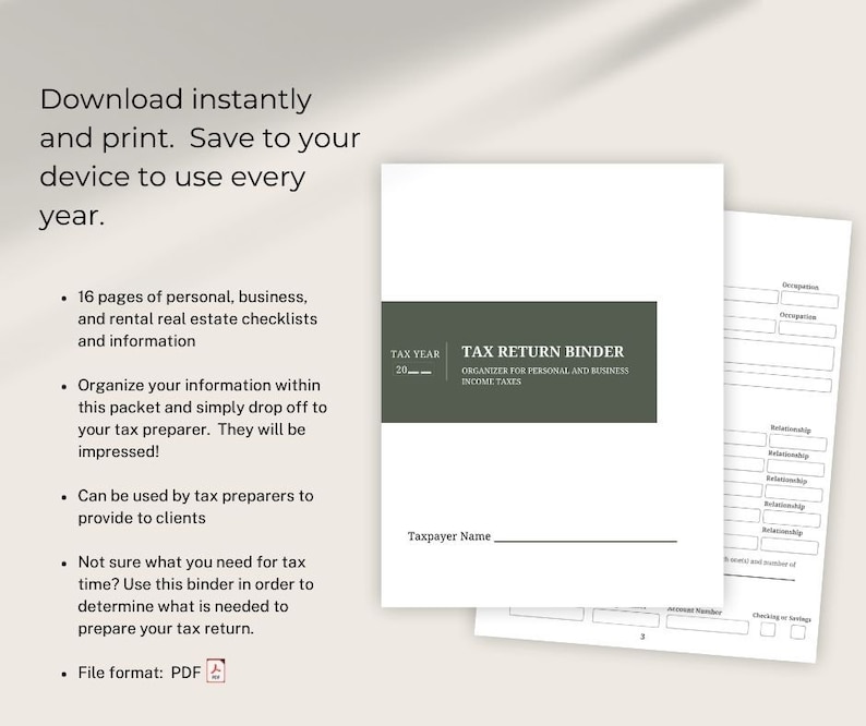 Tax Return Binder for Personal and Business Taxes, Printable Tax Return ...
