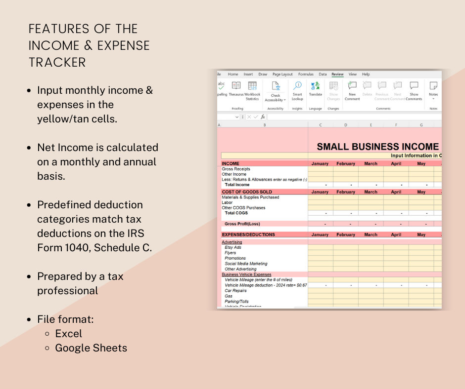 Income & Expense Tracker for Small Business | Monthly Deduction Tracker ...